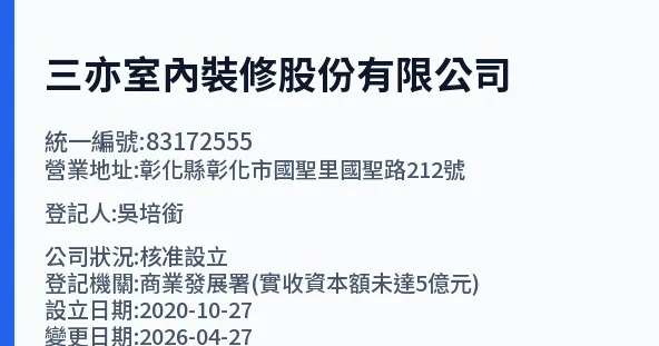 三亦室內裝修股份有限公司的照片-統編 83172555(彰化縣) 公司登記資料與營業項目詳細圖表