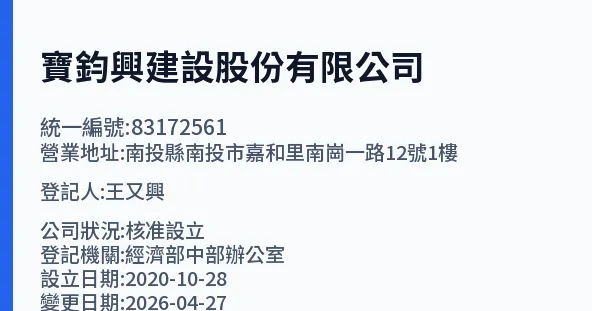 寶鈞興建設股份有限公司的照片-統編 83172561(南投縣) 公司登記資料與營業項目詳細圖表