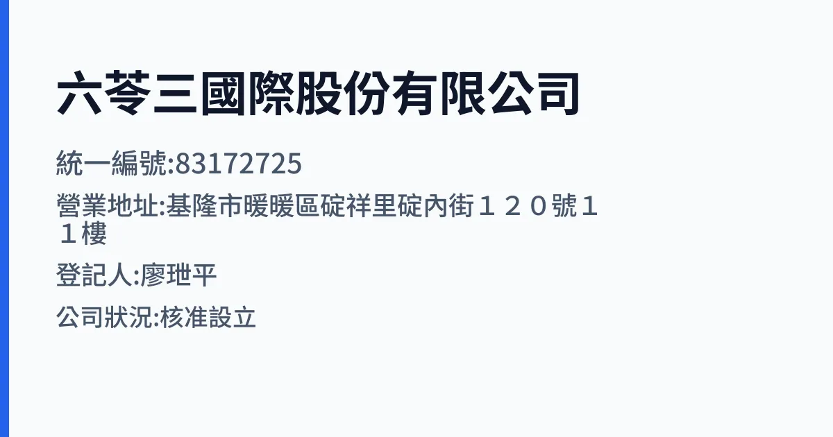 六苓三國際股份有限公司 - 統編 83172725(基隆市) 公司登記資料與營業項目詳細圖表