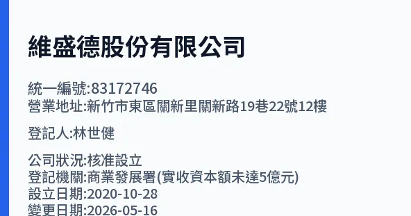 維盛德股份有限公司的照片-統編 83172746(新竹市) 公司登記資料與營業項目詳細圖表