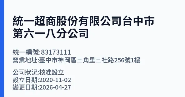 統一超商股份有限公司台中市第六一八分公司的照片-統編 83173111(臺中市) 公司登記資料與營業項目詳細圖表