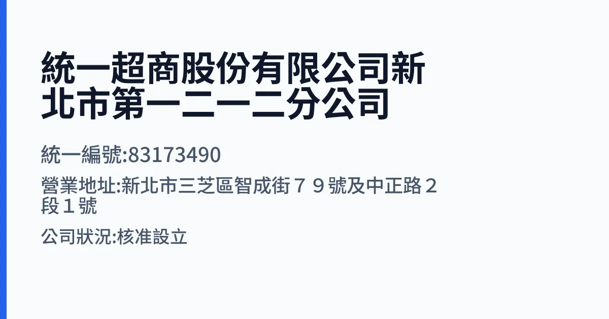 統一超商股份有限公司新北市第一二一二分公司 - 統編 83173490(新北市) 公司登記資料與營業項目詳細圖表