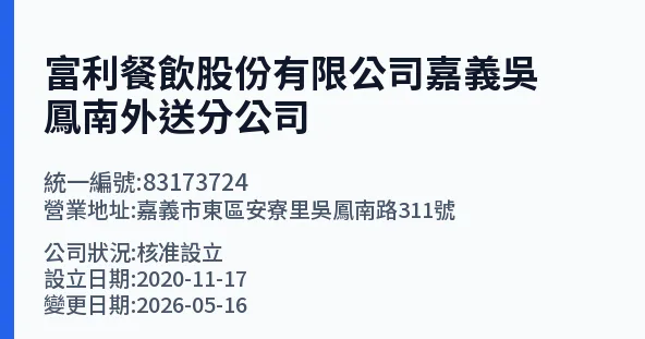 富利餐飲股份有限公司嘉義吳鳳南外送分公司的照片-統編 83173724(嘉義市) 公司登記資料與營業項目詳細圖表