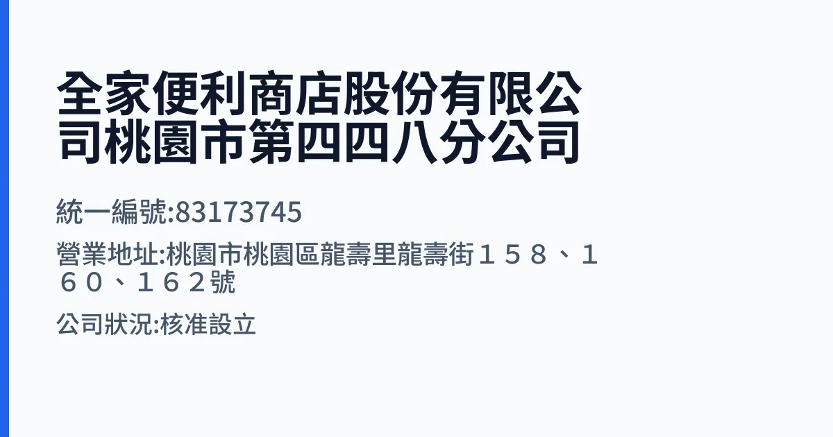 全家便利商店股份有限公司桃園市第四四八分公司 - 統編 83173745(桃園市) 公司登記資料與營業項目詳細圖表