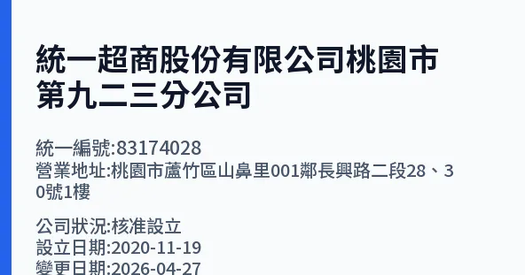 統一超商股份有限公司桃園市第九二三分公司的照片-統編 83174028(桃園市) 公司登記資料與營業項目詳細圖表