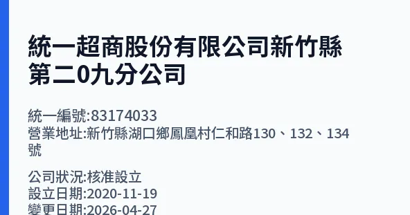 統一超商股份有限公司新竹縣第二0九分公司的照片-統編 83174033(新竹縣) 公司登記資料與營業項目詳細圖表