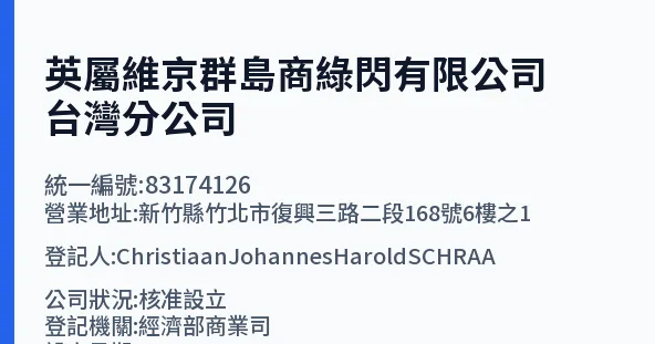 英屬維京群島商綠閃有限公司台灣分公司的照片-統編 83174126(新竹縣) 公司登記資料與營業項目詳細圖表