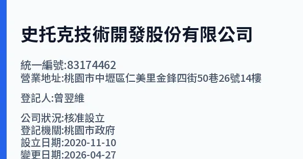 史托克技術開發股份有限公司的照片-統編 83174462(桃園市) 公司登記資料與營業項目詳細圖表