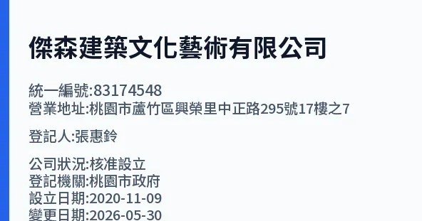 傑森建築文化藝術有限公司的照片-統編 83174548(桃園市) 公司登記資料與營業項目詳細圖表