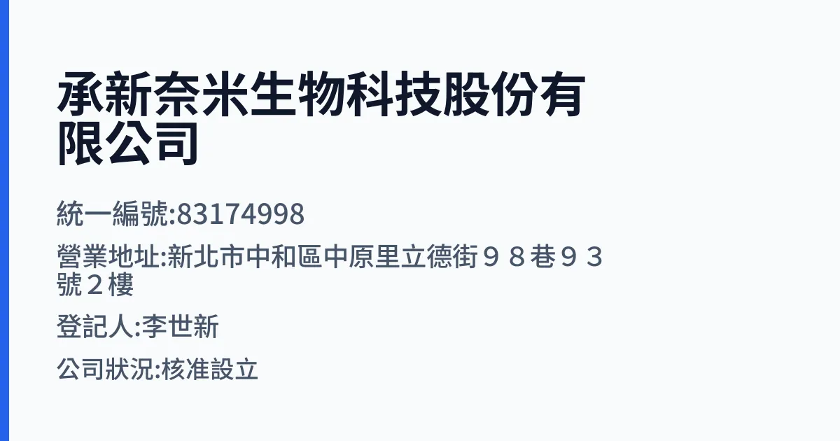 承新奈米生物科技股份有限公司 - 統編 83174998(新北市) 公司登記資料與營業項目詳細圖表
