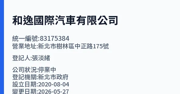 和逸國際汽車有限公司的照片-統編 83175384(新北市) 公司登記資料與營業項目詳細圖表