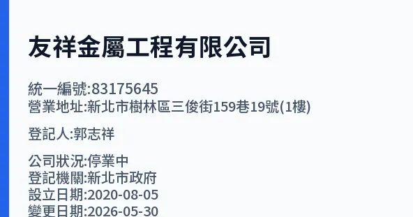 友祥金屬工程有限公司的照片-統編 83175645(新北市) 公司登記資料與營業項目詳細圖表