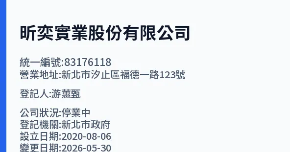 昕奕實業股份有限公司的照片-統編 83176118(新北市) 公司登記資料與營業項目詳細圖表