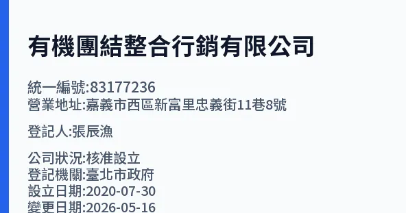 有機團結整合行銷有限公司的照片-統編 83177236(嘉義市) 公司登記資料與營業項目詳細圖表