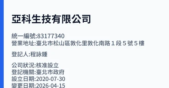 亞科生技有限公司的照片-統編 83177340(臺北市) 公司登記資料與營業項目詳細圖表