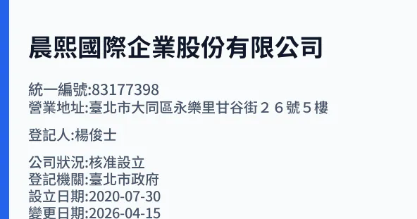 晨熙國際企業股份有限公司的照片-統編 83177398(臺北市) 公司登記資料與營業項目詳細圖表