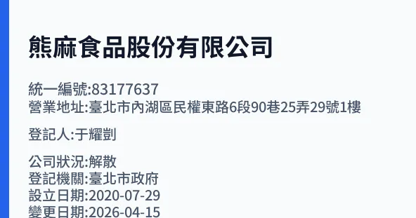 熊麻食品股份有限公司的照片-統編 83177637(臺北市) 公司登記資料與營業項目詳細圖表
