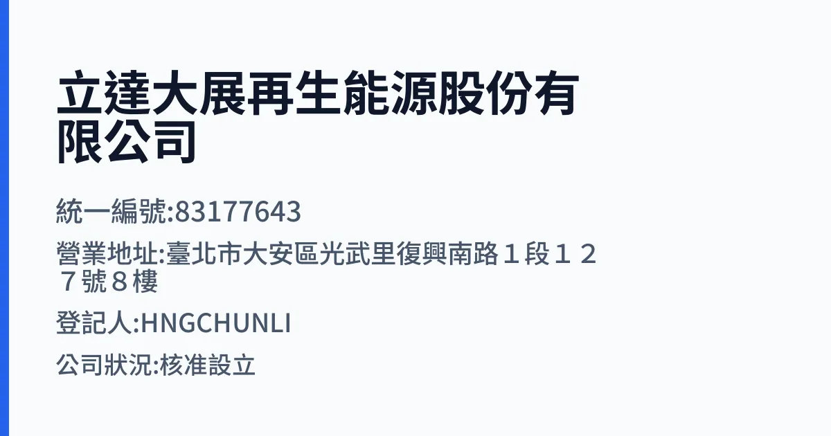 立達大展再生能源股份有限公司 - 統編 83177643(臺北市) 公司登記資料與營業項目詳細圖表