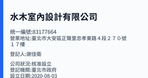 水木室內設計有限公司的照片-統編 83177664(臺北市) 公司登記資料與營業項目詳細圖表