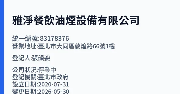 雅淨餐飲油煙設備有限公司的照片-統編 83178376(臺北市) 公司登記資料與營業項目詳細圖表