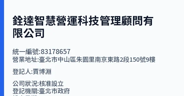 銓達智慧營運科技管理顧問有限公司的照片-統編 83178657(臺北市) 公司登記資料與營業項目詳細圖表