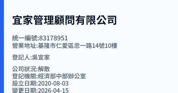 宜家管理顧問有限公司的照片-統編 83178951(基隆市) 公司登記資料與營業項目詳細圖表