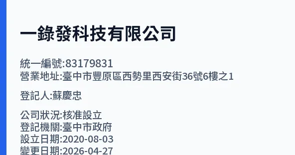 一錄發科技有限公司的照片-統編 83179831(臺中市) 公司登記資料與營業項目詳細圖表