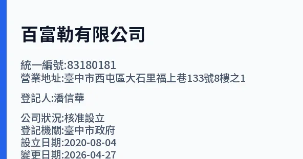 百富勒有限公司的照片-統編 83180181(臺中市) 公司登記資料與營業項目詳細圖表