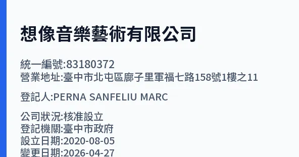 想像音樂藝術有限公司的照片-統編 83180372(臺中市) 公司登記資料與營業項目詳細圖表