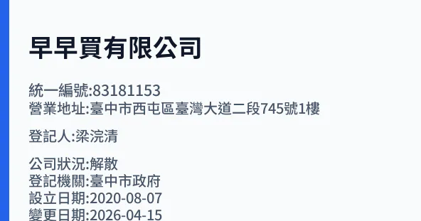 早早買有限公司的照片-統編 83181153(臺中市) 公司登記資料與營業項目詳細圖表