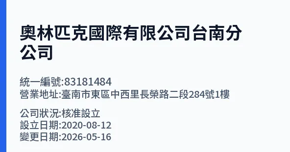 奧林匹克國際有限公司台南分公司的照片-統編 83181484(臺南市) 公司登記資料與營業項目詳細圖表