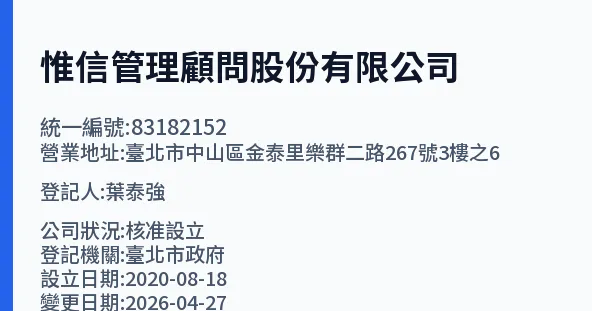 惟信管理顧問股份有限公司的照片-統編 83182152(臺北市) 公司登記資料與營業項目詳細圖表