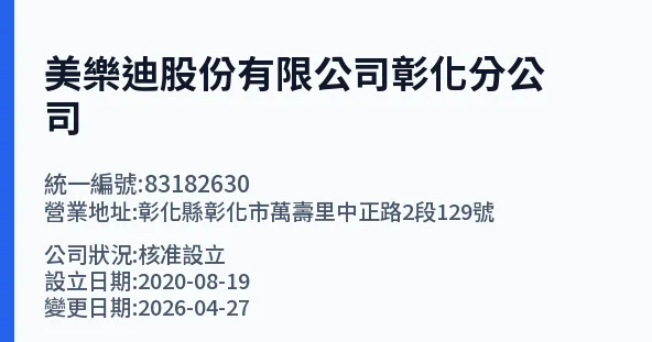 美樂迪股份有限公司彰化分公司的照片-統編 83182630(彰化縣) 公司登記資料與營業項目詳細圖表