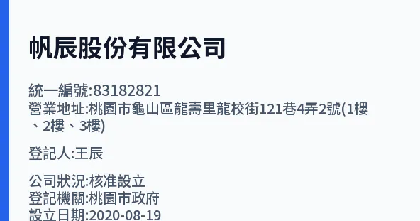 帆辰股份有限公司的照片-統編 83182821(桃園市) 公司登記資料與營業項目詳細圖表