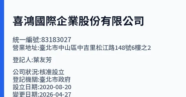 喜鴻國際企業股份有限公司的照片-統編 83183027(臺北市) 公司登記資料與營業項目詳細圖表