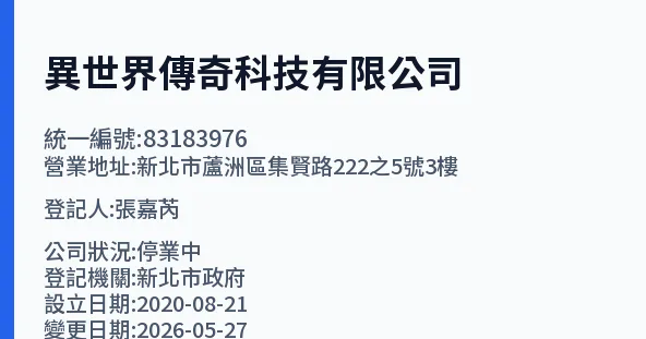 異世界傳奇科技有限公司的照片-統編 83183976(新北市) 公司登記資料與營業項目詳細圖表