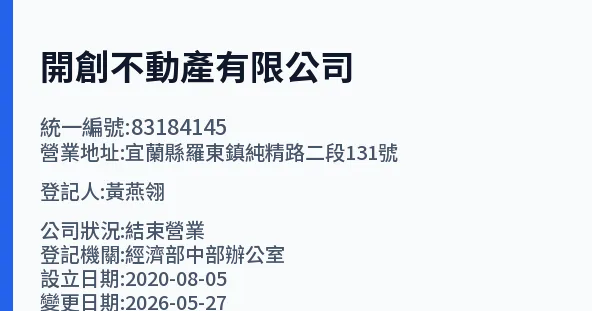 開創不動產有限公司的照片-統編 83184145(宜蘭縣) 公司登記資料與營業項目詳細圖表