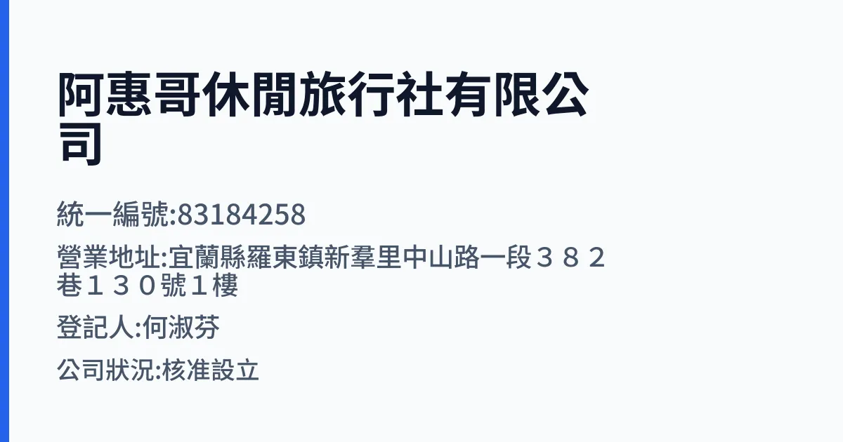阿惠哥休閒旅行社有限公司 - 統編 83184258（宜蘭縣） 公司登記資料與營業項目詳細圖表