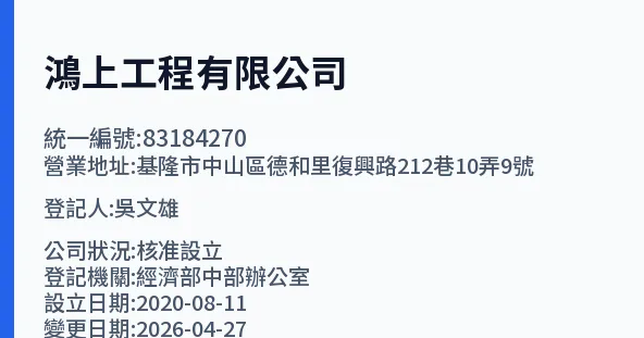 鴻上工程有限公司的照片-統編 83184270(基隆市) 公司登記資料與營業項目詳細圖表