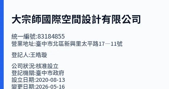 大宗師國際空間設計有限公司的照片-統編 83184855(臺中市) 公司登記資料與營業項目詳細圖表