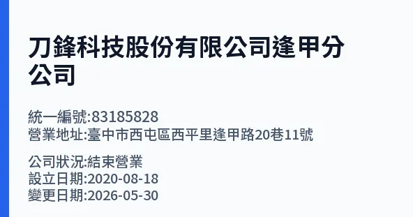 刀鋒科技股份有限公司逢甲分公司的照片-統編 83185828(臺中市) 公司登記資料與營業項目詳細圖表