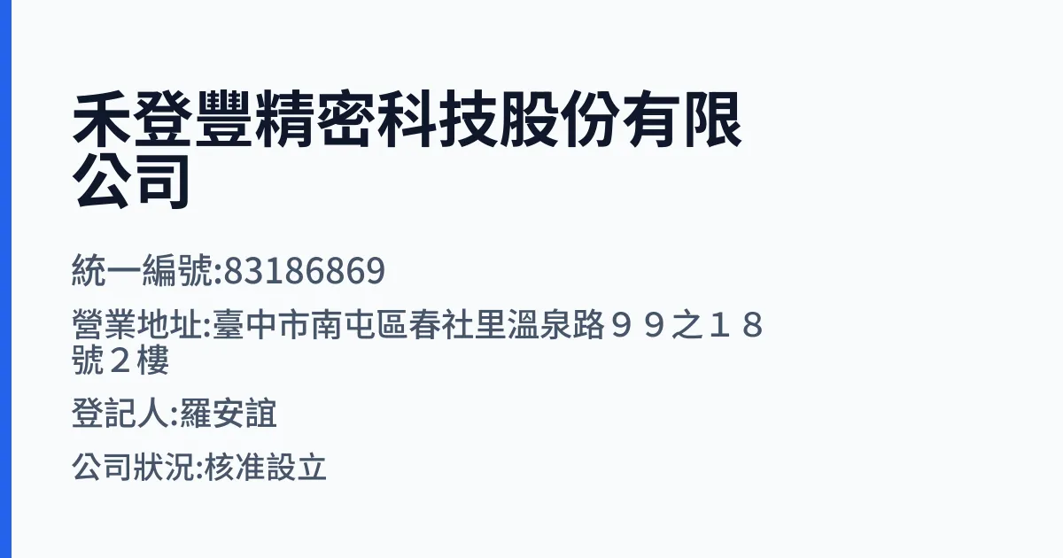禾登豐精密科技股份有限公司 - 統編 83186869(臺中市) 公司登記資料與營業項目詳細圖表
