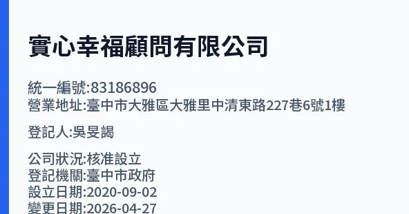 實心幸福顧問有限公司的照片-統編 83186896(臺中市) 公司登記資料與營業項目詳細圖表