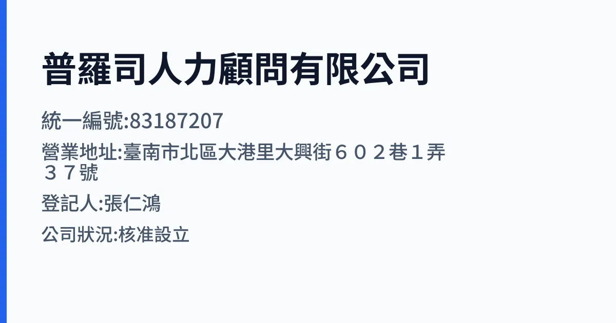 普羅司人力顧問有限公司 - 統編 83187207(臺南市) 公司登記資料與營業項目詳細圖表