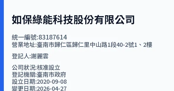 如保綠能科技股份有限公司的照片-統編 83187614(臺南市) 公司登記資料與營業項目詳細圖表