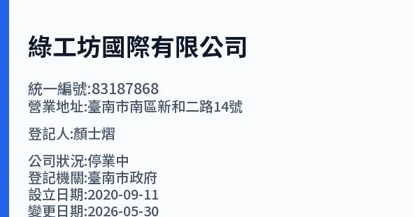 綠工坊國際有限公司的照片-統編 83187868(臺南市) 公司登記資料與營業項目詳細圖表
