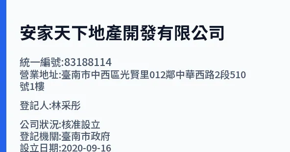 安家天下地產開發有限公司的照片-統編 83188114(臺南市) 公司登記資料與營業項目詳細圖表