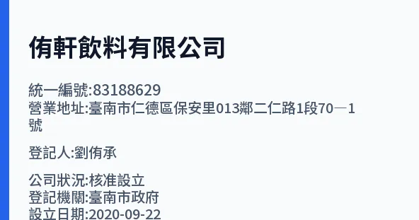 侑軒飲料有限公司的照片-統編 83188629(臺南市) 公司登記資料與營業項目詳細圖表