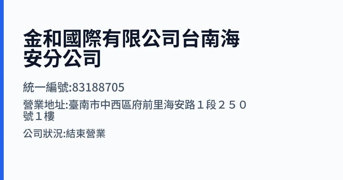 金和國際有限公司台南海安分公司 - 統編 83188705(臺南市) 公司登記資料與營業項目詳細圖表