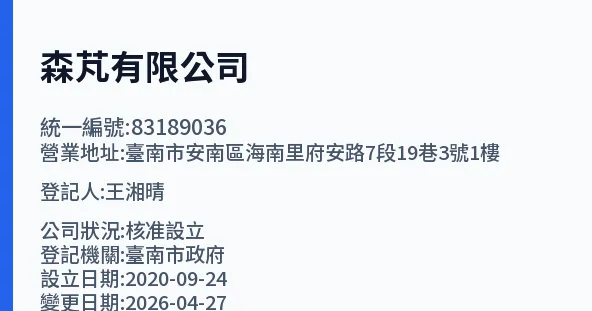 森芃有限公司的照片-統編 83189036(臺南市) 公司登記資料與營業項目詳細圖表